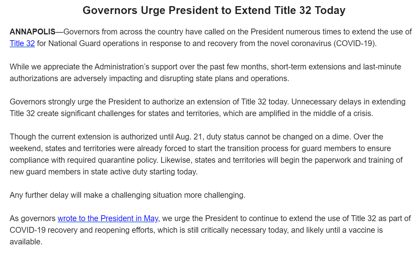 National Governor's Association asks president to extend Title 32